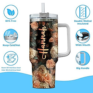 Hyturtle Personalized Capybara Gifts for Women, Floral 40oz Tumbler with Handle and Straw, Best Birthday Christmas Gifts Ideas for Girls, Friends Custom Name Stainless Steel Travel Cup With Lid