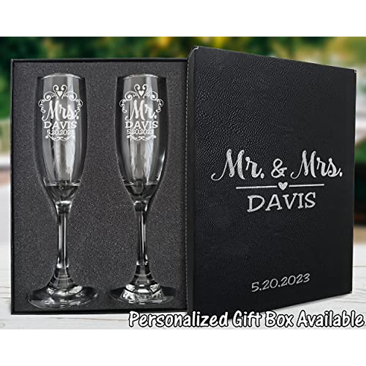 Mr Mrs Wedding Reception Celebration Twisty Stem Champagne Glasses Set of 2 Couples Newlywed Married Groom Bride Husband Wife Anniversary Engraved CLEAR Flute Glass Favors (Personalized)