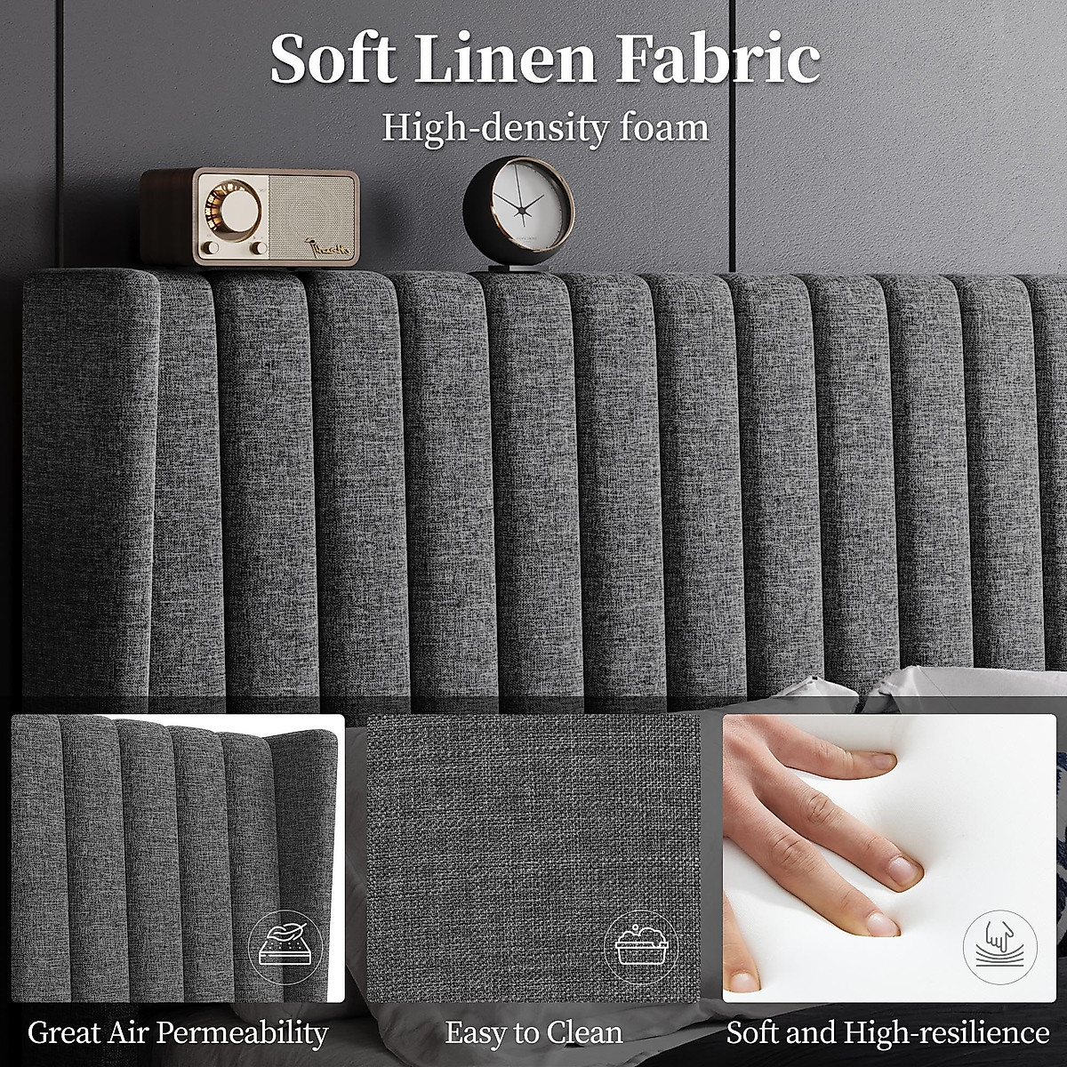 Yaheetech Queen Bed Frame Upholstered Platform Bed with Fabric Headboard, Wing Edge Design/Non-Slip and Noise-Free/Wooden Slats Support/No Box Spring Needed/Easy Assembly, Dark Gray Queen Bed