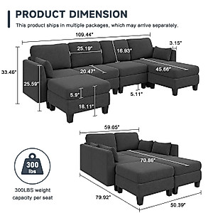 Huatean Home Modular Sectional Sofa, Convertible U Shaped Sofa Couch with High Density Memory Foam, 6 Seat Comfy Modular Sofa Couch for Living Room, Modern U Shaped Sectional Sofa, Dark Grey