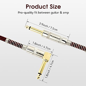 OTraki Electric Guitar Cable 10ft 2 Pack 1/4 Inch TS Instrument Cable Pack Straight to Right Angle Bass Amp Guitar Cord 3 Meter for Keyboard Woven Tweed with 6.35mm Gold Plated Plug Red + Green