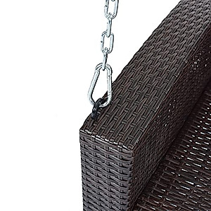 FANYE Outdoor PE Wicker Swing Chains, Pillows for Garden, Backyard, Pond Porch Furniture Set, 2 Seaters Double Rattan Cushioned Conversation Hanging Sofa & Couch, Brown+Beige