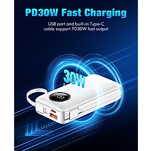 Portable-Charger-Power-Bank - 15000mAh PD 30W Power Bank, Built in Type-C(30W) and iOS(20W) Output Cables LED Display for iPhone and Android Phones and Most Electronic Devices(White)