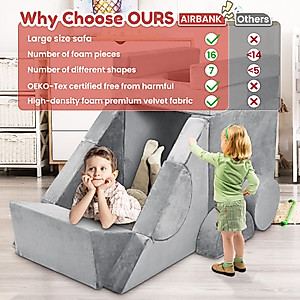 AIRBANK 16PCS Kids Play Couch, Modular Kids Couch Toddler Play Couch Child Sectional Sofa, Convertible Foam Easy to Build Magical Forts in Playroom Indoor Nursery Grey