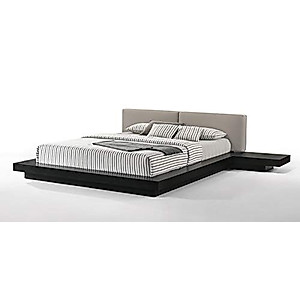 Limari Home Albina Collection Modern Style Bedroom Wenge Veneer Finished Leatherette Upholstered Platform Low Profile Bed, Queen, Black, Gray
