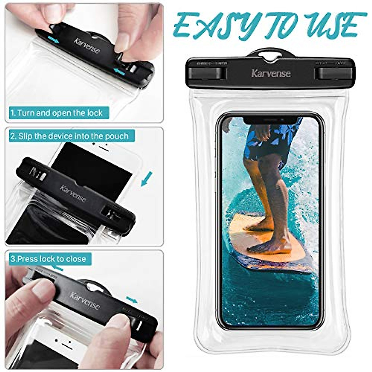 Karvense Waterproof Phone Pouch Case Floating, Waterproof Cell Phone Lanyard Bag/Holder for iPhone, Samsung Galaxy, Pixel, Universal Dry Bag for Vacation, Beach, Shower, Kayaking, Snorkeling- 4 Pack