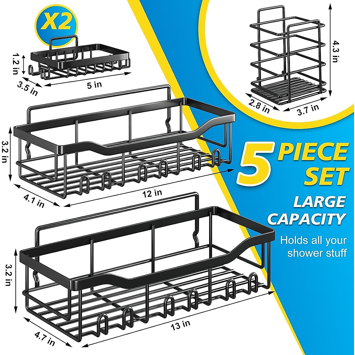 5-Pack Shower Caddy, No Drilling, Strong Adhesive Mount, Large Capacity, Rustproof Stainless Steel, Black.