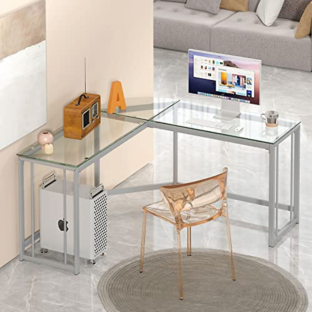 soges 59 inches L-Shaped Desk with Tempered Glass Computer Desk L Glass Table Corner Desk Computer Table,Clear UT-096