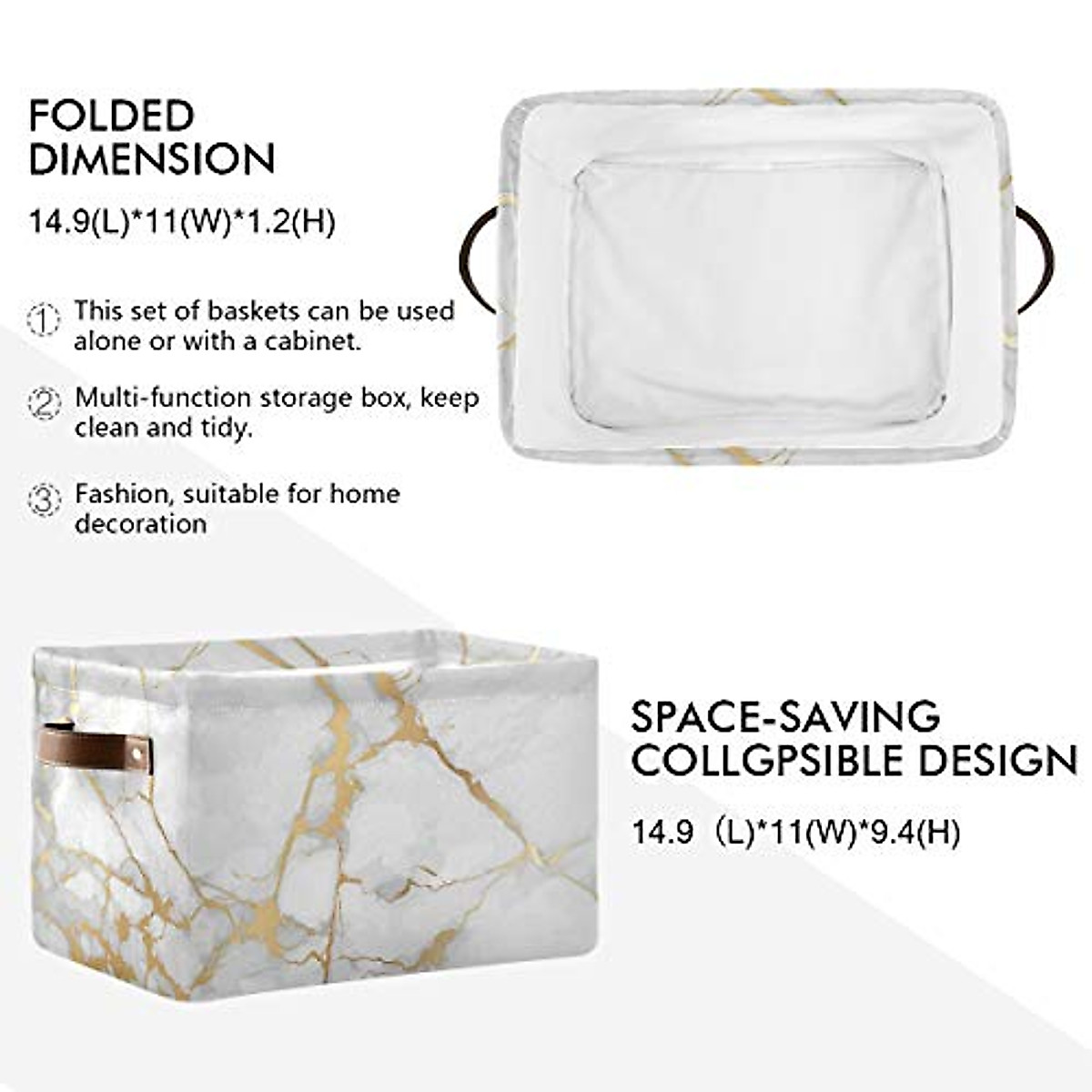 AUUXVA White Gold Marble Storage Basket Bin Large Fabric Toys Storage Cube Box with Handles Collapsible Closet Shelf Cloth Organizer Basket Set of 2 for Nursery Bedroom