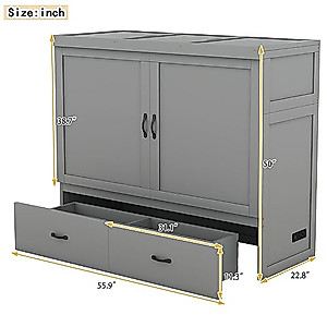 Full Size Murphy Bed with USB Port and Storage Drawers, Wood Full Platform Bed Frame with Charging Station, Full Murphy Bed for Bedroom Murphy Bed Cabinet Murphy Chest Bed (Gray)