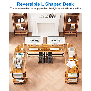 Teraves Reversible L Shaped Desk with Large Surface, 61 Inch Sturdy Corner Desk with Storage Shelves, Premium Office Computer Desk Workstation for Home Office Gaming