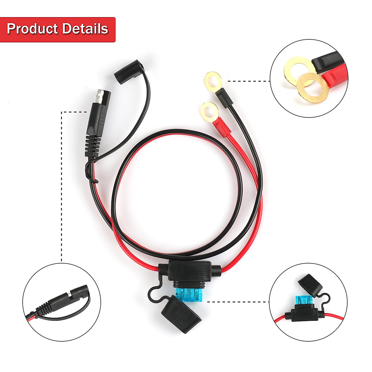 SINGARO 26-inch Battery Ring Terminal Connect/Accessory Cable, Car Interior Accessories, 16AWG SAE to O Ring Terminal, Replaceable 5A, 10A, 15A Fuse Inserts