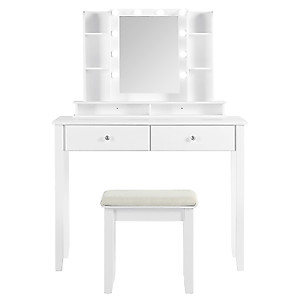 AODAILIHB Vanity Desk with Mirror and Lights, 35" Makeup Vanity Dressing Table with Vanity Stool/2 Drawers/Open Shelves/3 Color Lighting Modes & Brightness Bedroom Furniture (White)