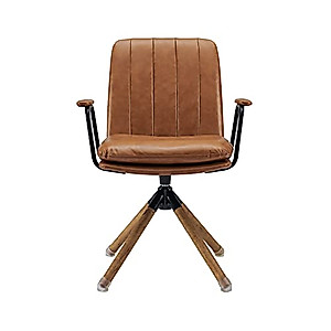 Volans Home Office Desk Chair, Oak Wood Legs, Modern PU Leather Desk Chair No Wheels, Executive Swivel Arm Chair, Mid Back Office Chair, Yellow Brown