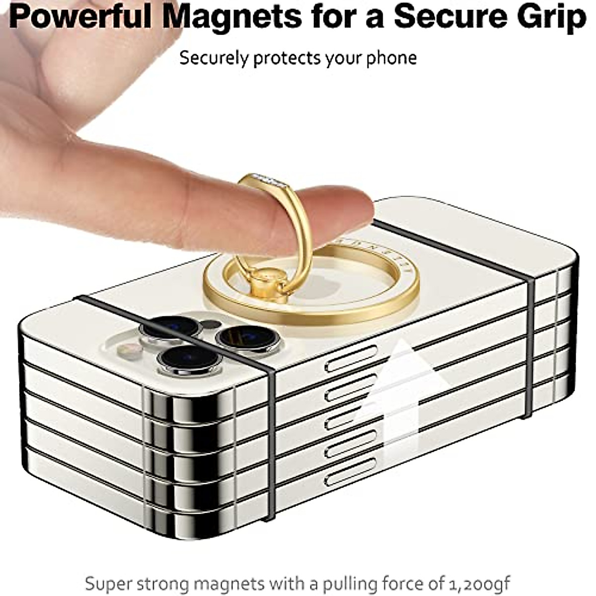 Compatible with MagSafe Phone Grip Stand, Allengel Magnetic Phone Ring Holder with Finger Kickstand for Smartphone, Luxury Gold White