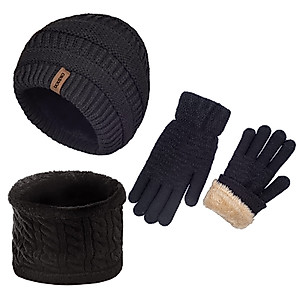 Women Beanie Hat Gloves and Scarf Set Winter Warm Knit Cap Thick Fleece Lined Neck Warmer Black Snow Ski Cold Weather, Gorras Gorros Guantes Bufandas de Invierno para Mujer, Gift for Mom