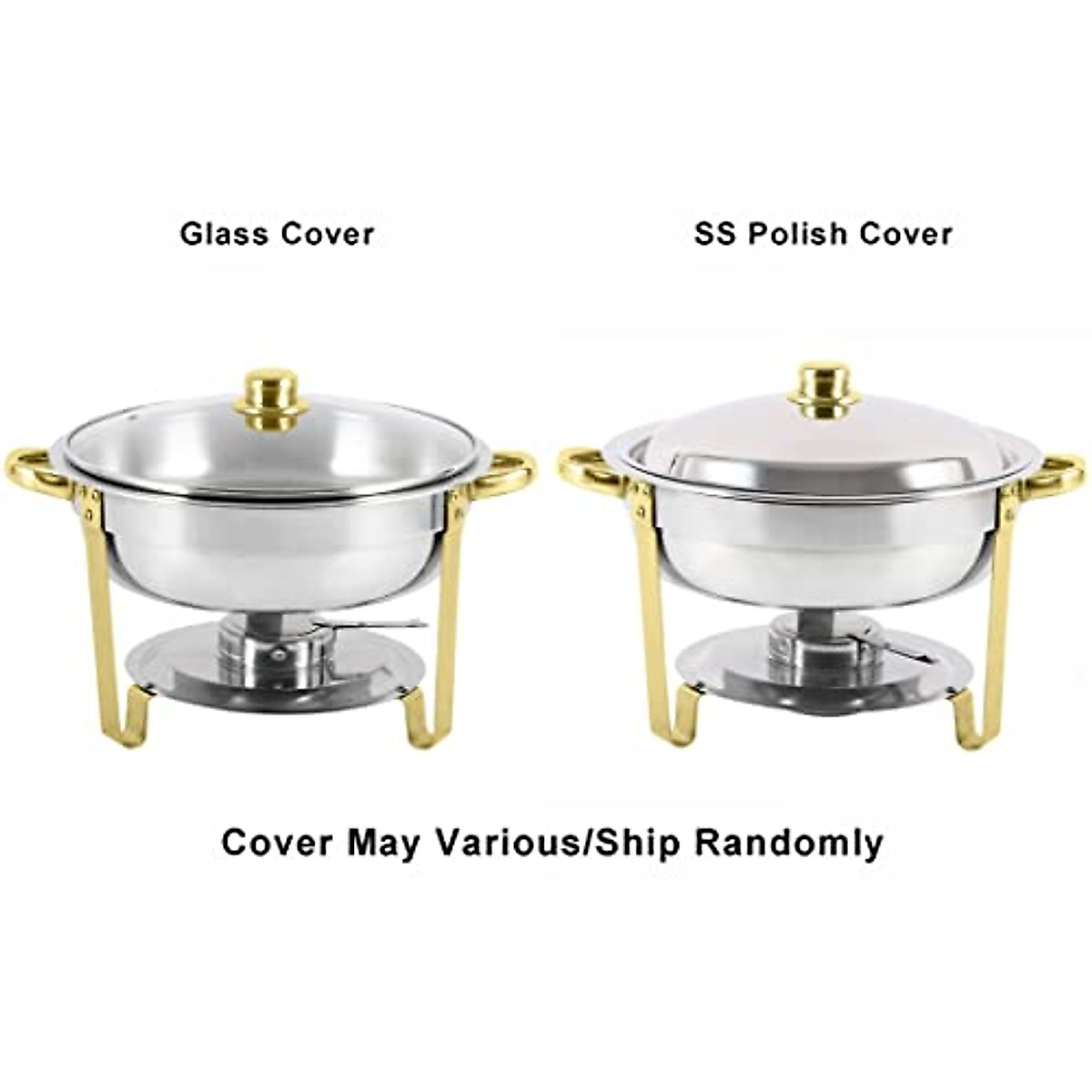 Restlrious Chafing Dish Buffet Set Stainless Steel Round Chafers and Buffet Warmers Sets 5QT 4 Pack, Complete Set for Buffet Catering w/Water Pan, Food Pan, Fuel Holder and Lid in Gold Accent