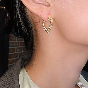 Heart Hoop Earrings for Women 14K Gold Plated Hypoallergenic Bamboo Cubic Zirconia Hoops Lightweight Heart Huggie Earrings for Women Jewelry Gift