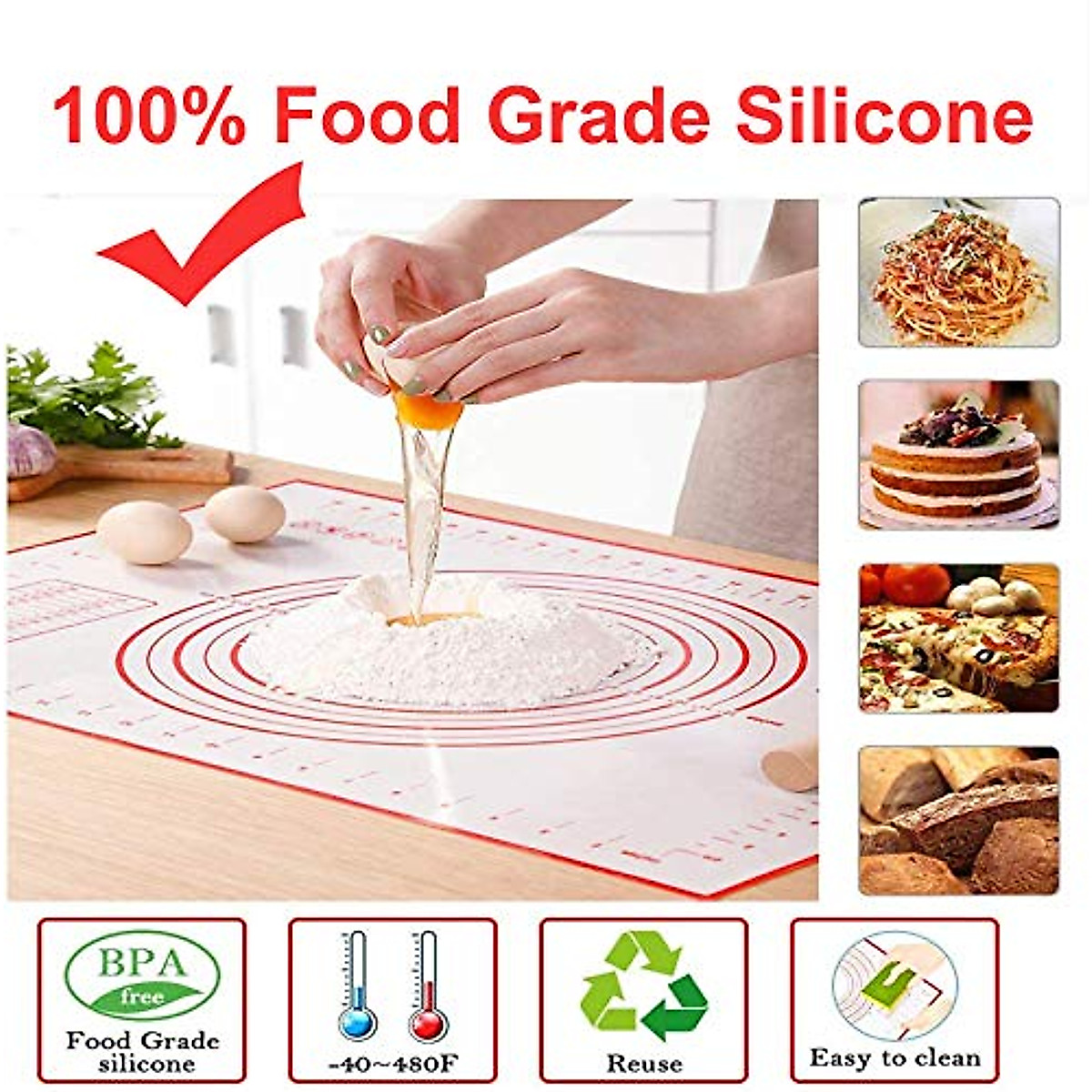 Large Silicone Pastry Mat Non Stick,Non Slip Baking Mat with Measurement Fondant Mat, Counter Mat, Dough Rolling Mat, Oven Liner