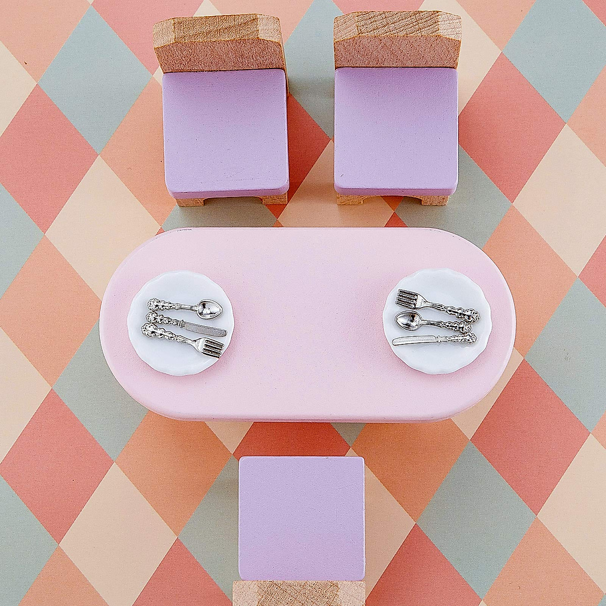 Skylety 4 Pieces 1:12 Scale Miniature Dollhouse Plates and 12 Pieces Spoons Knives Forks Metal Tableware Kitchen Accessories Miniatures Porcelain Plate Set Dollhouse Decoration