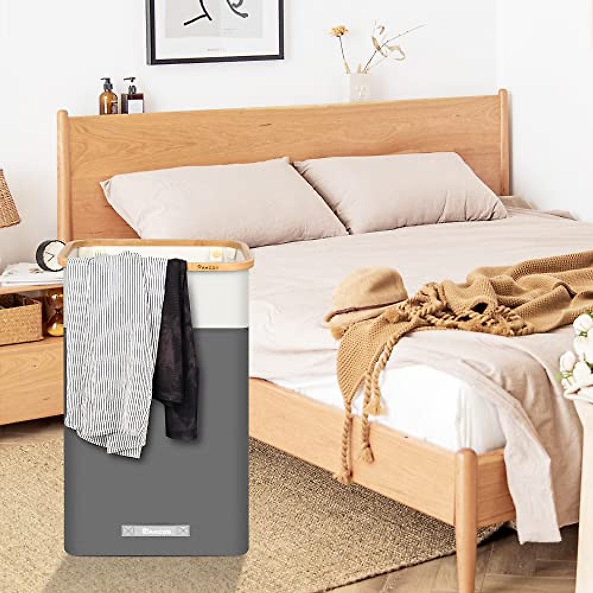 DAKCOS Laundry Basket with Bamboo Handles,80L Collapsible Laundry Hamper,Dirty Clothes Hamper for Bedroom, Bathroom,White-grey