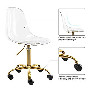 HOMEFUN Clear Rolling Chair, Armless Acrylic Desk Chair with Golden Feet Swivel Molded Plastic Shell Chair Adjustable Home Office Chair with Wheels, Clear