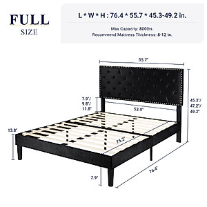 Allewie Full Size Velvet Upholstered Platform Bed Frame with Adjustable Diamond Button Tufted and Nailhead Trim Headboard, Wood Slat Support, Easy Assembly, No Box Spring Needed, Black