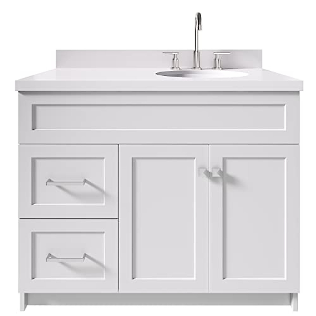 ARIEL Hamlet 43 Inch White Bathroom Vanity with Sink, 1.5" Edge Quartz Countertop, Solid Wood, Right Oval Sink, 2 Soft-Closing Doors & 2 Full Extension Drawers, Toe Kick