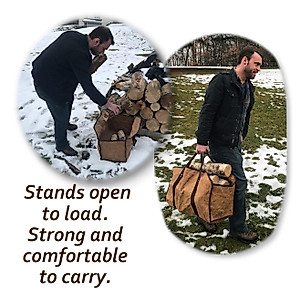 LivinWell Firewood Carrier Log Tote Bag Stands Up for Easy Wood Loading Large Heavy Duty Waxed Canvas Optional Metal Rack for Fireplace Storage Carry Basket with Closed Ends