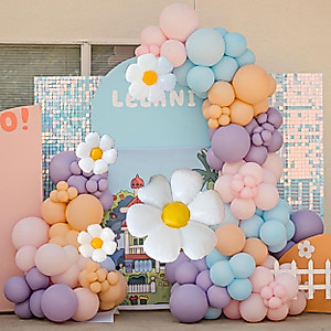 BlissBash 119Pcs Blue Peach Balloon Garland Arch Kit with Pastel Purple, Pink, Daisy Flower Balloons, Perfect for Girls' Birthday Decorations, Puppy-Themed Party Supplies, Dog Party