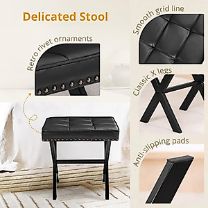 LUE BONA Vanity Stool, Square Faux Leather Makeup Stool with Metal X Legs, Small Ottoman Stool Chair for Vanity, Modern Padded Vanity Seat Foot Rest Stool for Makeup Room, Living Room, Black