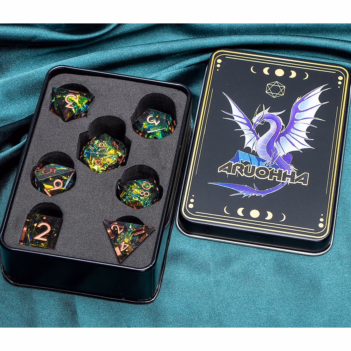 Resin DND Dice Set 7Pcs Sharp Edge Dice ARUOHHA D&D Dice Set for Dungeons and Dragons RPG Board Games Polyhedral Dice D + D Role Playing Dice with Gift Box Handmade D and D Dice D20 D12 D10 D8 D6 D4