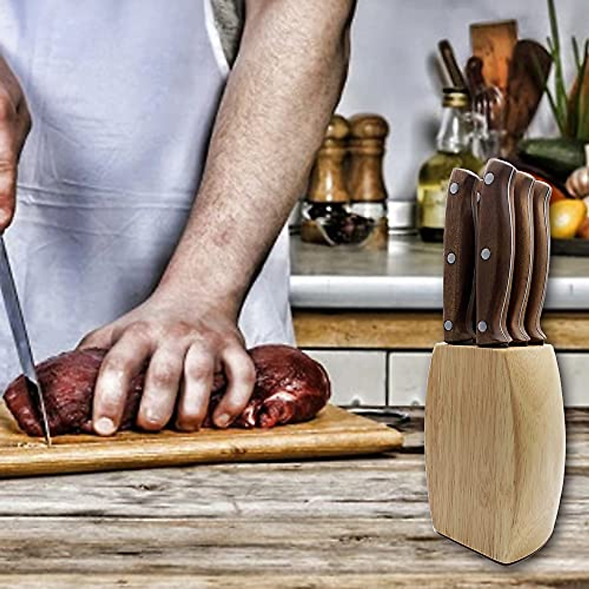 IDEAL ERA Farmhouse Kitchen Decoration Knife Block For Steak Knives 5 Inch Utility Knives 6 Piece Slot Organizer Durable 100% Natural Wood 3.7x2.4x5inches, Light Brown (D-01)