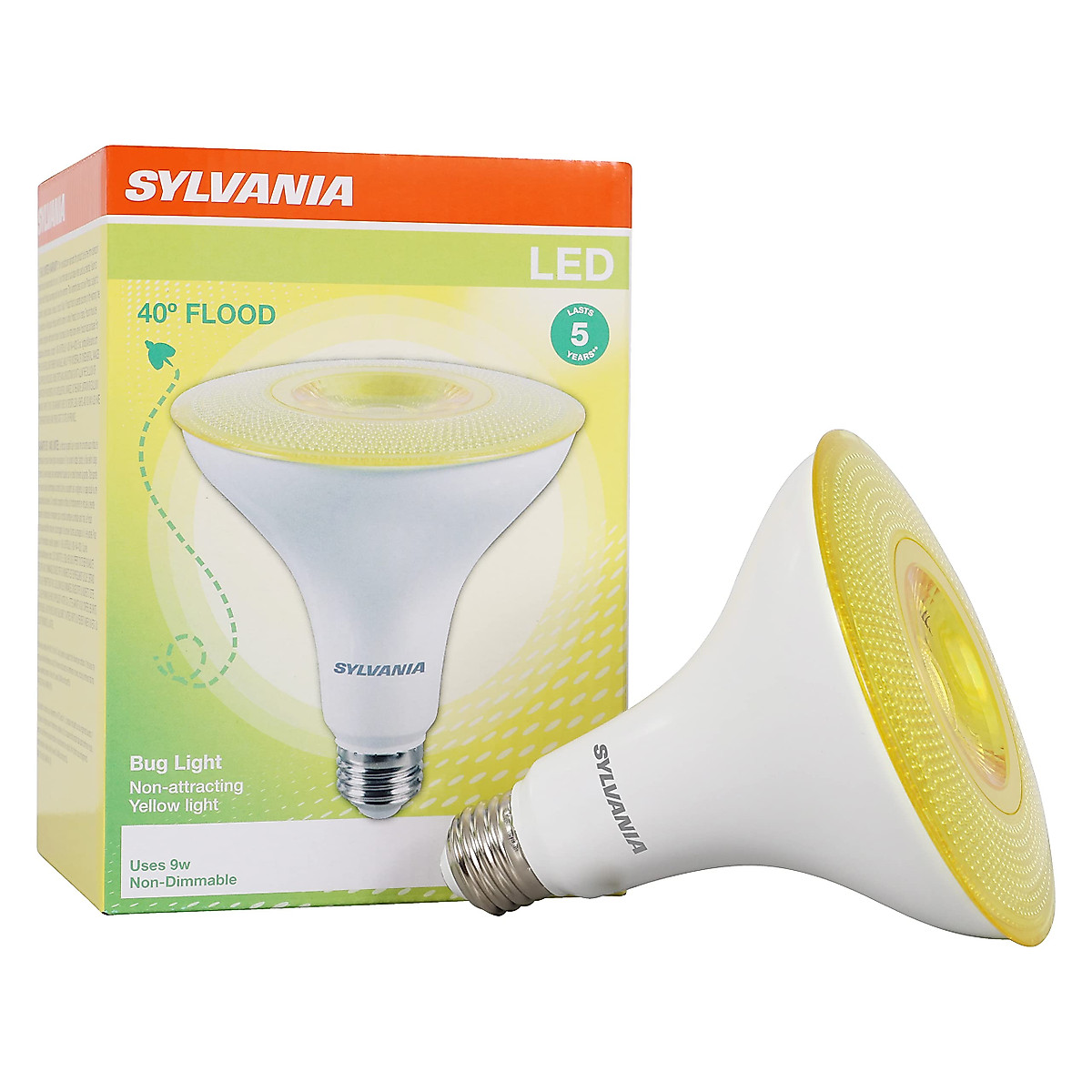 Sylvania LED Flood PAR38 Yellow Bug Light Bulb, Efficient 9W, Non-Dimmable, 5 Year, E26 Medium Base - 1 Pack (40822)