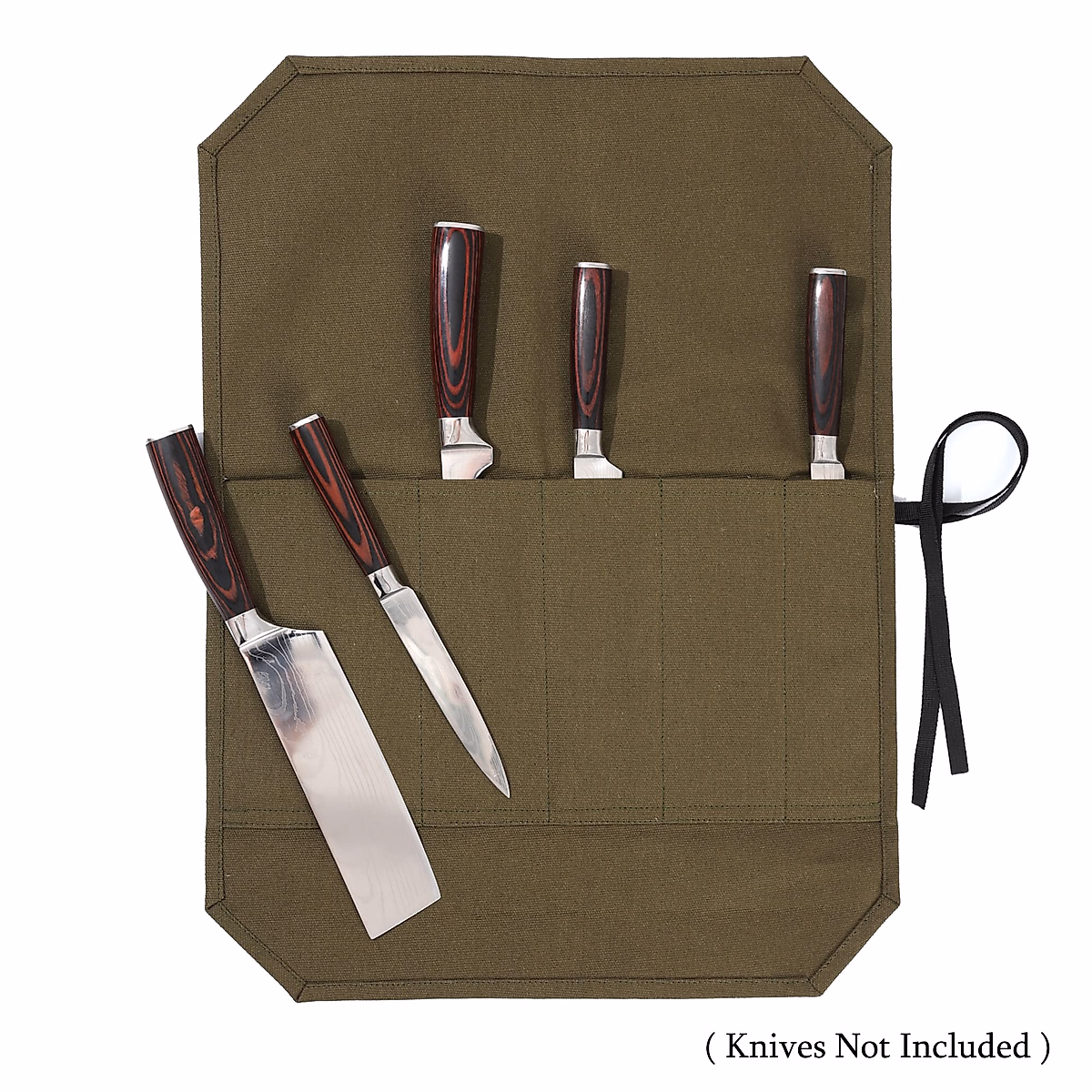Kaaltisy Knife Roll Bag, 16oz Waxed Canvas Chef Knife Bag with 5 Slots, Specialized Anti Cutting Fabric Knife Holder with Tie Rope | Army Green