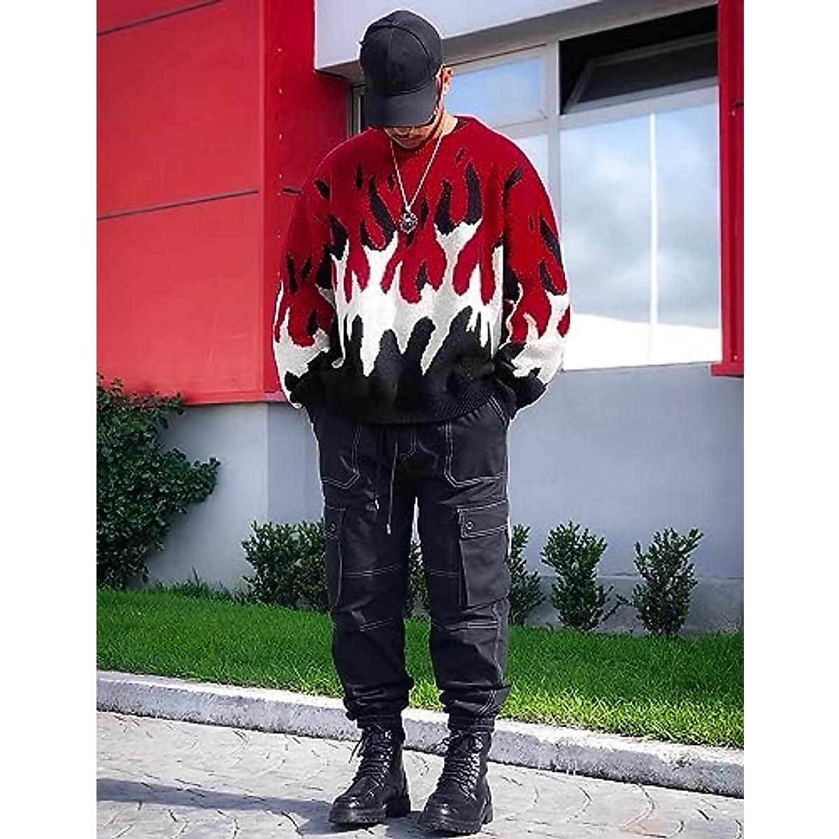 ZAFUL Mens Long Sleeve Flame Graphic Y2K Knit Sweaters Casual Oversized Sweater Pullover Wine Red XXL