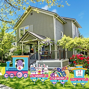 Yulejo 4 Pack Easter Yard Signs Easter Outdoor Decorations with Stake Easter Garden Signs with Easter Egg, Bunny, Gnomes for Courtyard Lawn Outdoor Decoration Easter Party Decoration Outside