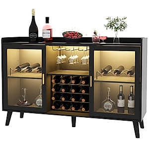 Gyfimoie Modern Wine Bar Cabinet with LED Light, Home Coffee Cabinet w Wine Rack and Glass Holder, Kitchen Sideboard Buffet Cabinet w Storage Shelf, Freestanding Liquor Cabinet w Glass Door (Black)