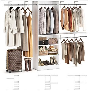 iSunirm 8FT Closet System with Shelves, 96'' Closet Organizer System with 3 Hanging Rods, Wall Mount Bedroom Wardrobe Walk-in Closet, Adjustable Cloth Garment Rack from 5 to 8FT (Cut to Fit), White