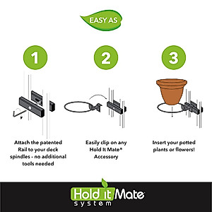 Deck Railing Plant Container Holder/Bracket Kit for Round Pot Planters (10") Connects Harmlessly to Vertical Spindled Railings - Adjustable Height - Heavy Duty Plant Hanger