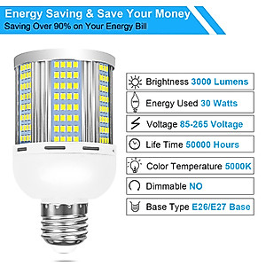 2 Pack 200W Equivalent Led Corn Light Bulb, 3000 Lumen 5000K Daylight White 30W LED Corn Lamp, E26/E27 Base LED Light Bulb for Home Garden Garage Backyard Street Office Household