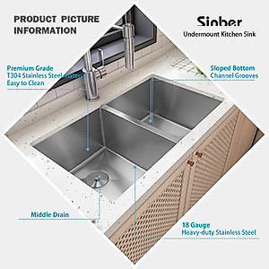 Sinber 32" x 19" x 10" Undermount Double Bowl Kitchen Sink with 18 Gauge 304 Stainless Steel Satin Finish HU3219D (Sink Only)