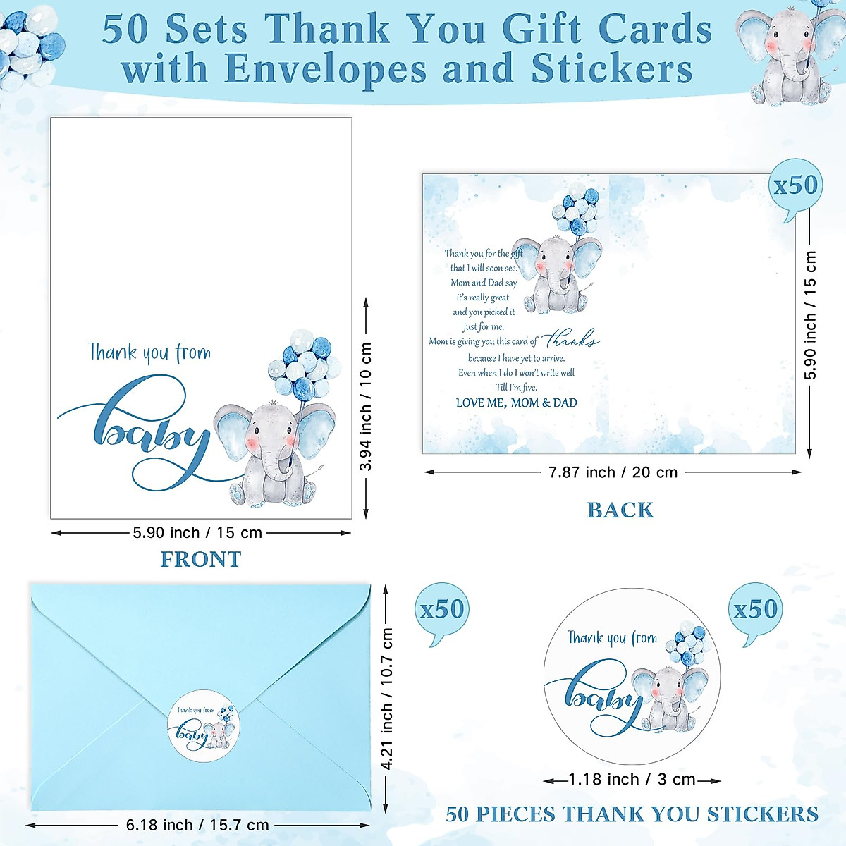Zhanmai 50 Sets Baby Shower Thank You Cards Elephant Themed 50 Baby Shower Thank You Notes with 50 Envelopes and Stickers Baby Shower Card Baby Gift Boy Card for Baby Shower Gender Reveal Party (Blue)