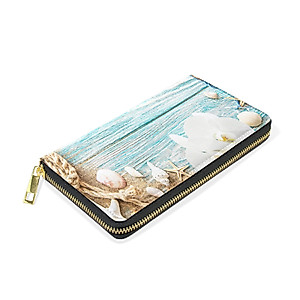 Beach Seashell Starfishes Leather Long Wallet Organizer with Zipper Purse Clutch Bag for Women Men