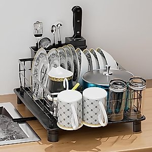 AWLYLNLL Dish Drying Rack, Space-Saving Dish Rack, Multifunctional Dish Racks for Kitchen Counter, Anti-Rust Drying Dish Rack with Cutlery & Cup Holders, Dish Drainer for Dishes & Knives, Black