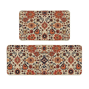 Artoid Mode Flowers Bohemia Kitchen Mats Set of 2, Daily Boho Home Decor Low-Profile Kitchen Rugs for Floor - 17x29 and 17x47 Inch