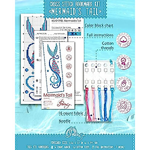 Povitrulya Mermaid's Tail - Counted Cross Stitch Bookmark Kit - DIY Embroidery Set for Adults with Paper Pattern, 16-Count Aida Canvas and Presorted Floss