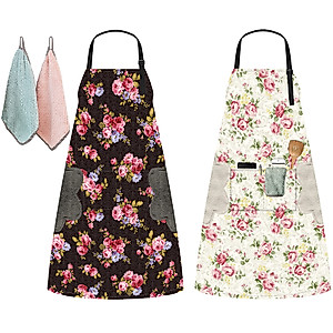 2 Pack Aprons for Women with 3 Pockets, Adjustable Waterproof Kitchen Bib Apron with 2 Towels for Chef Servers Grilling Cooking Baking, Plus Size Rose Flowers Aprons for BBQ Painting Gardening