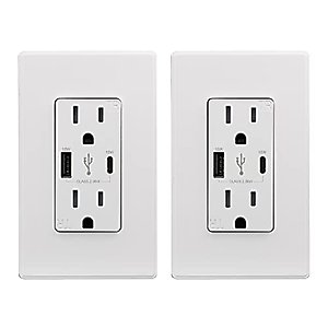 ELEGRP 36W PD 2.0 Quick Charge USB Wall Outlet, Type A & Type C Power Delivery and Quick Charge for iPhone/iPad/Samsung/Android, 15A USB Receptacle, UL Listed, w/Wall Plate, 2 Pack, Matte White