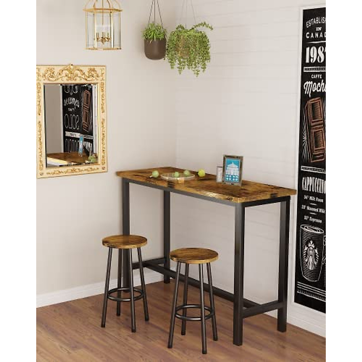 DKLGG Small Bar Table with Stools, Rectangle Bar Table and Chairs Set, Counter Height Tabletop for Breakfast Restaurant Dinner Living Party Room Small Space, 3-Piece Pub Dining Furniture, Bistro Set